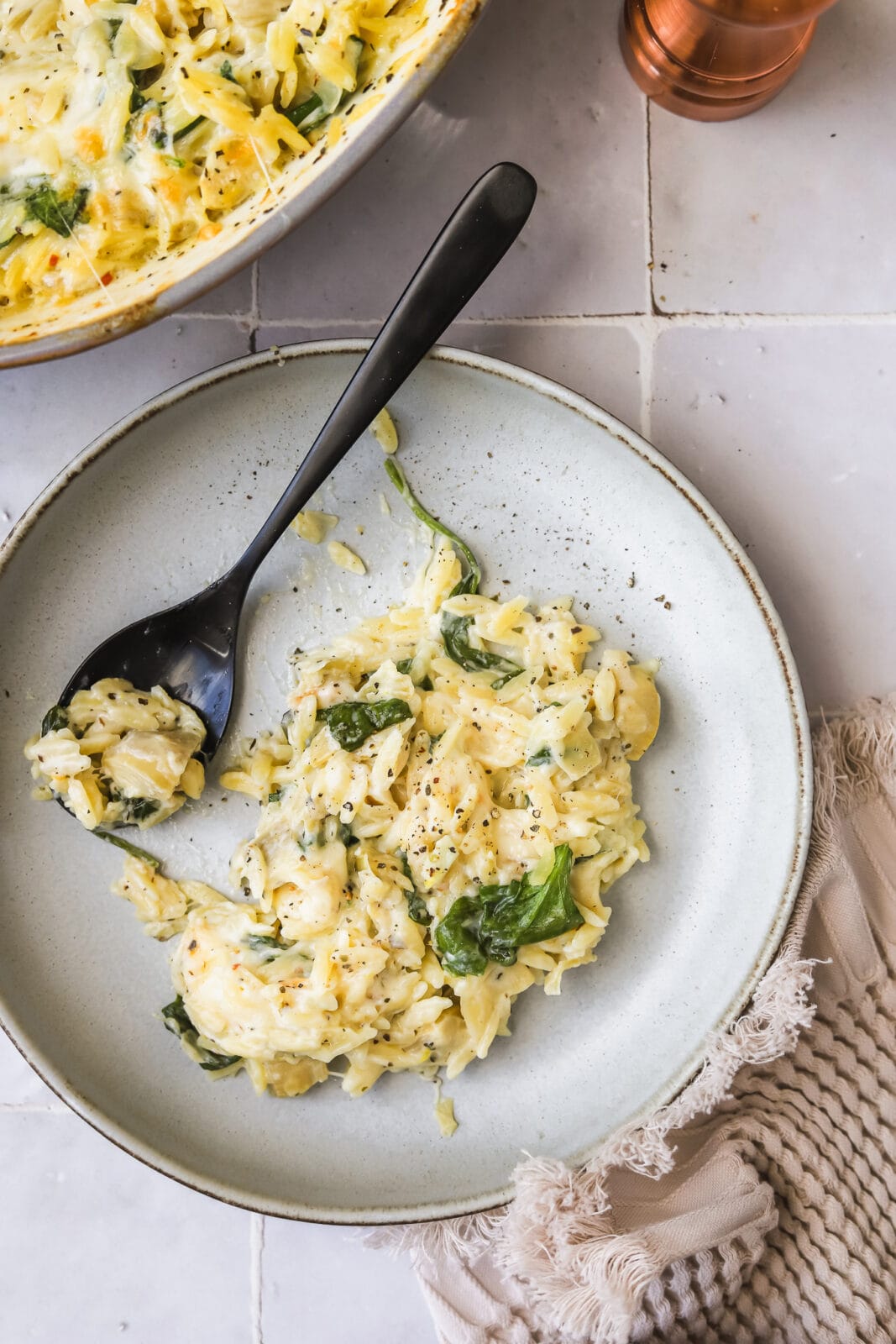 One Pan Creamy Spinach and Artichoke Orzo Bake - Cooking in my Genes