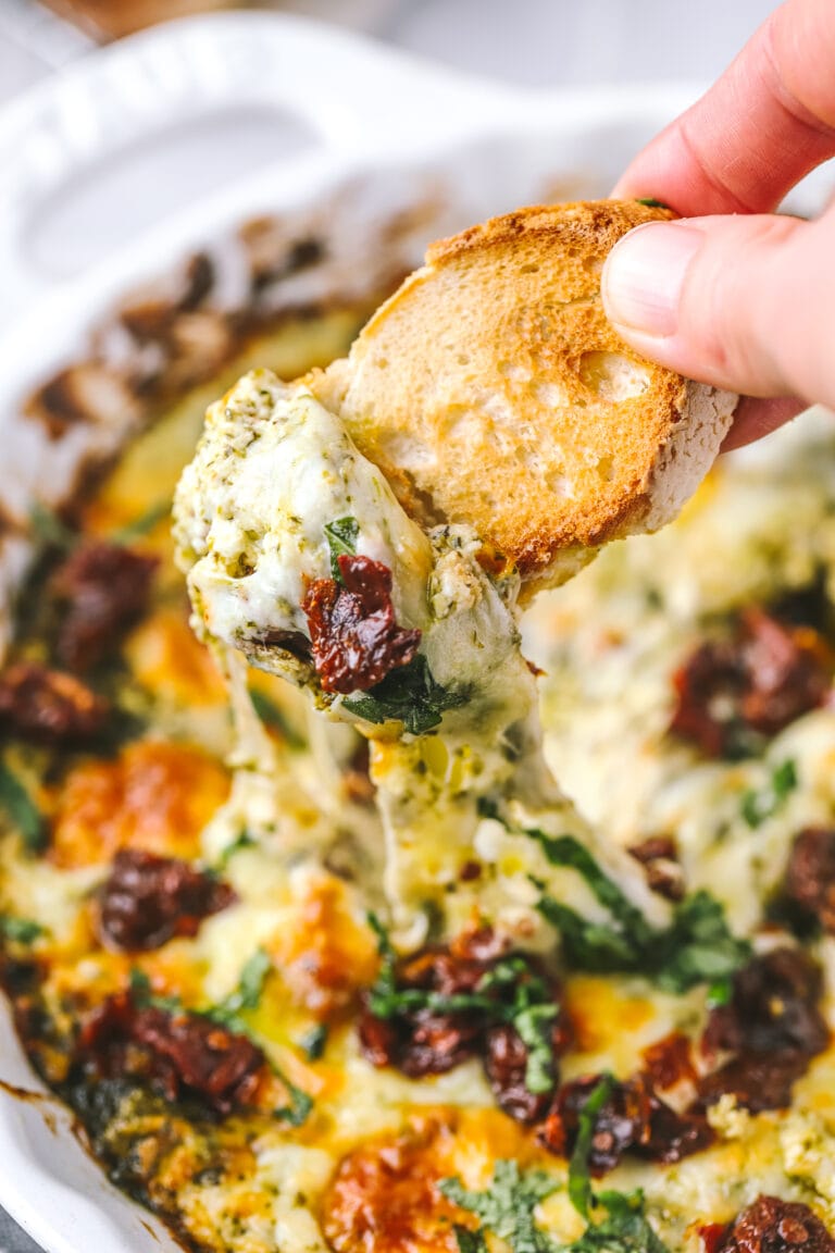 Easy Cheesy Baked Pesto and Sun-Dried Tomato Dip - Cooking in my Genes