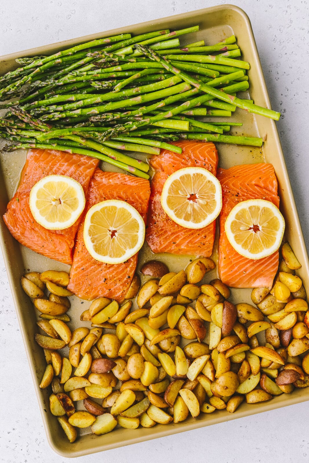 Easy One Pan Spring Salmon with Potatoes & Asparagus - Cooking in my Genes