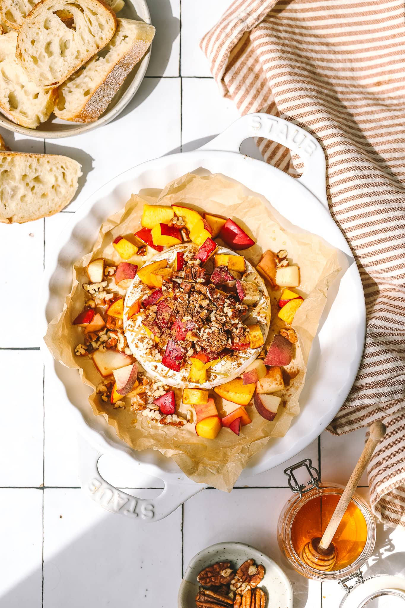 Easy Peach & Pecan Baked Brie (summer appetizer) - Cooking in my Genes