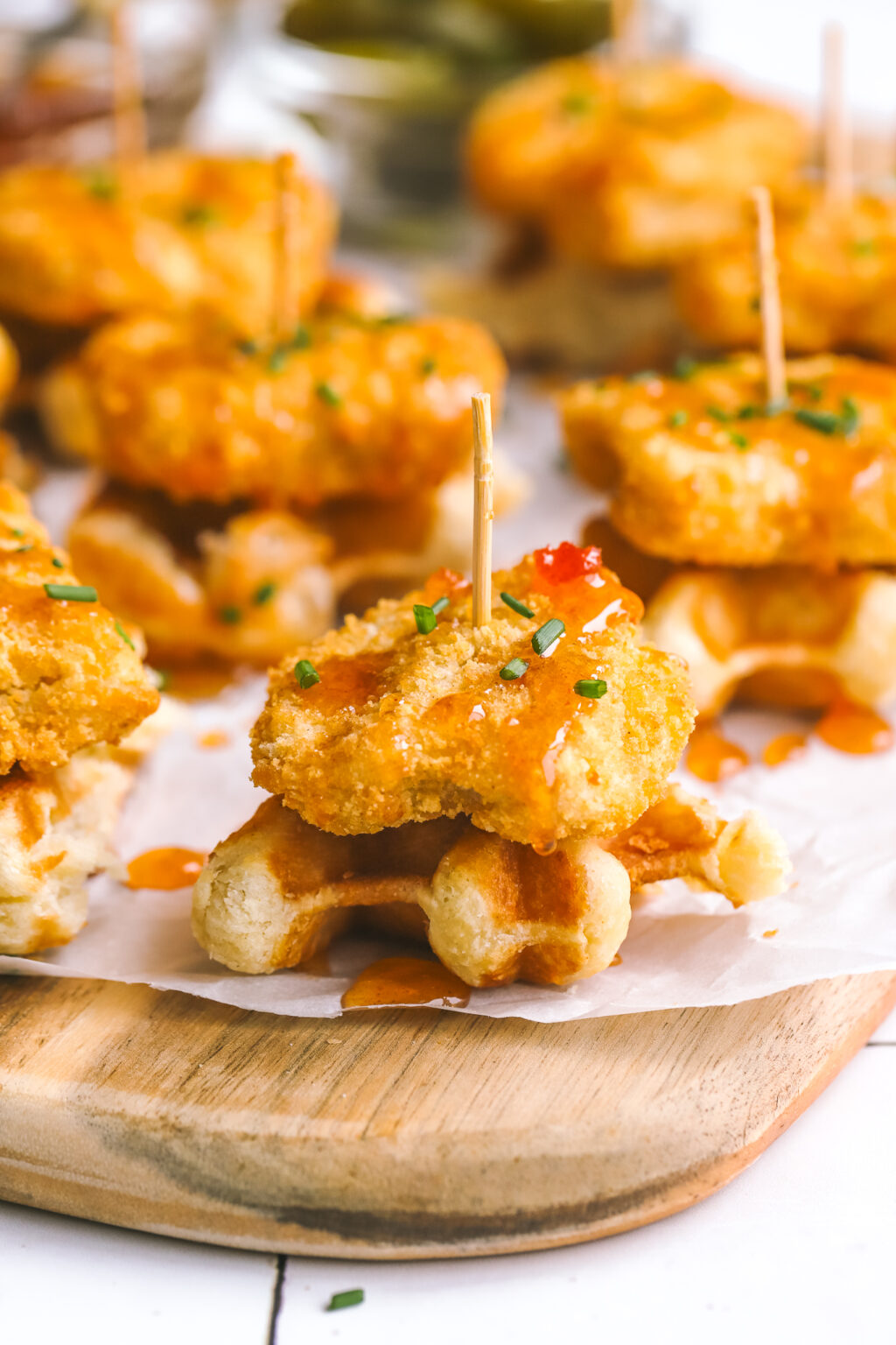 Easy Mini Chicken & Waffles Bites with Hot Honey - Cooking in my Genes