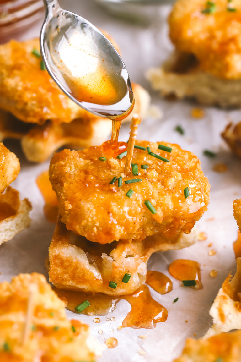 Easy Mini Chicken & Waffles Bites with Hot Honey - Cooking in my Genes